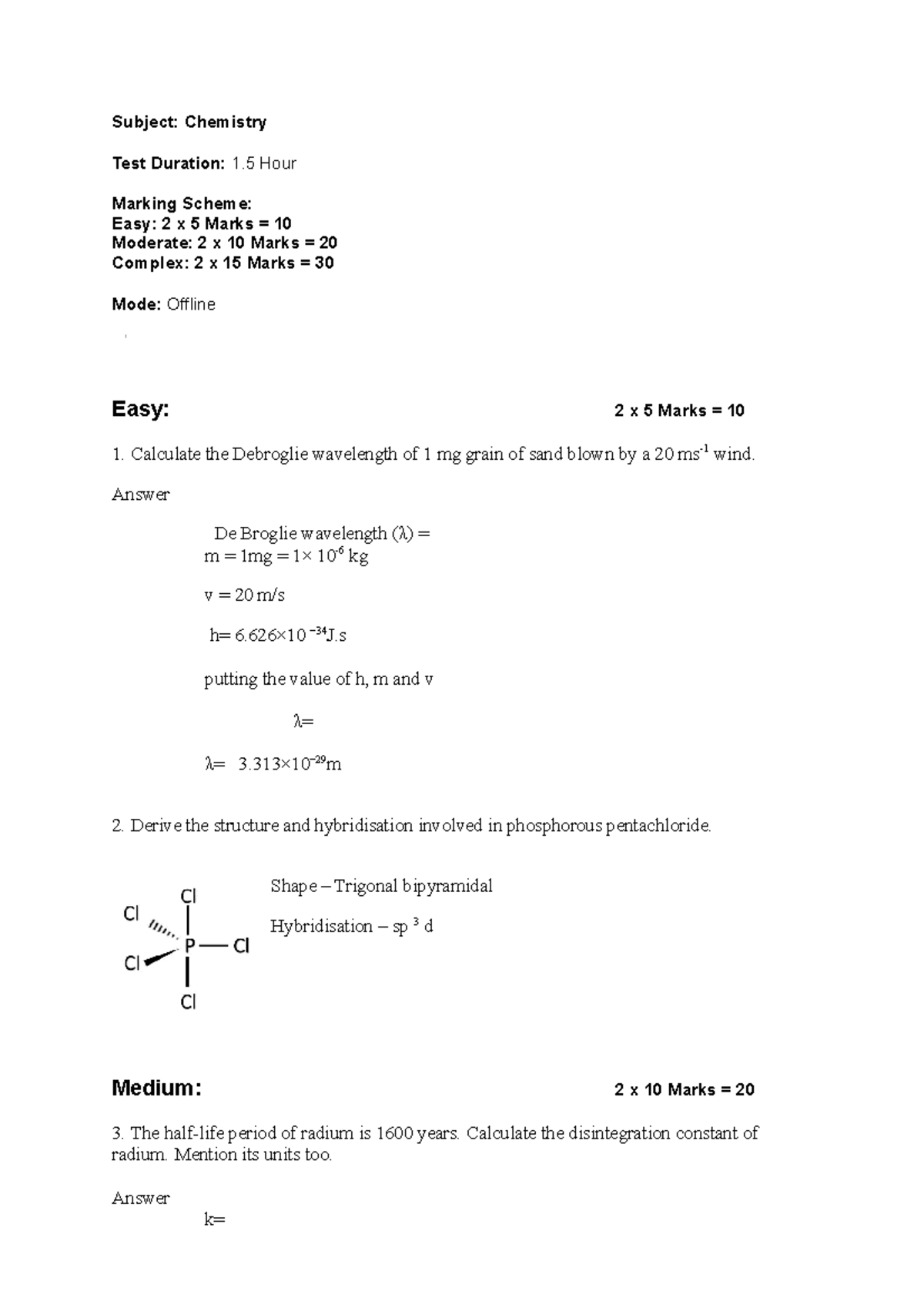 Basic chemistry - Subject: Chemistry Test Duration: 1 Hour Marking ...