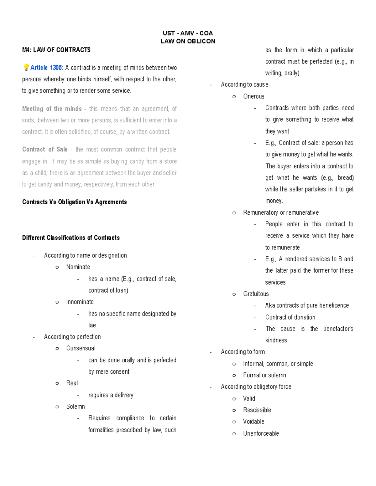 [Oblicon] M4 - Classifications of contracts and more - UST - AMV - COA ...