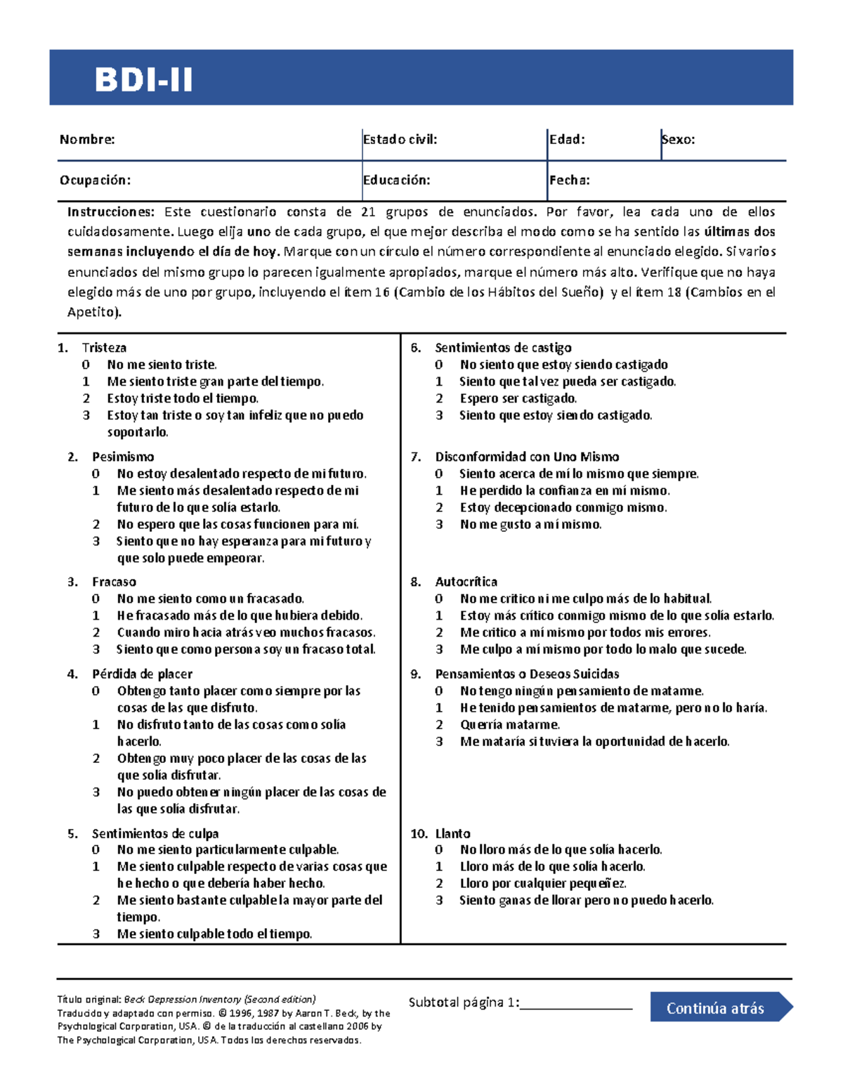 BDI-II - ..... - TÌtulo original: Beck Depression Inventory (Second edition) Traducido y ...