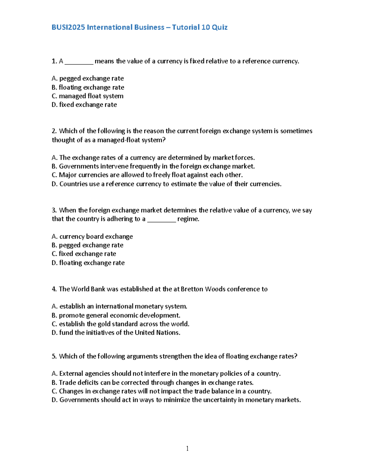 Tutorial 10 (Week 11) - Quiz Questions - BUSI 2025 International ...