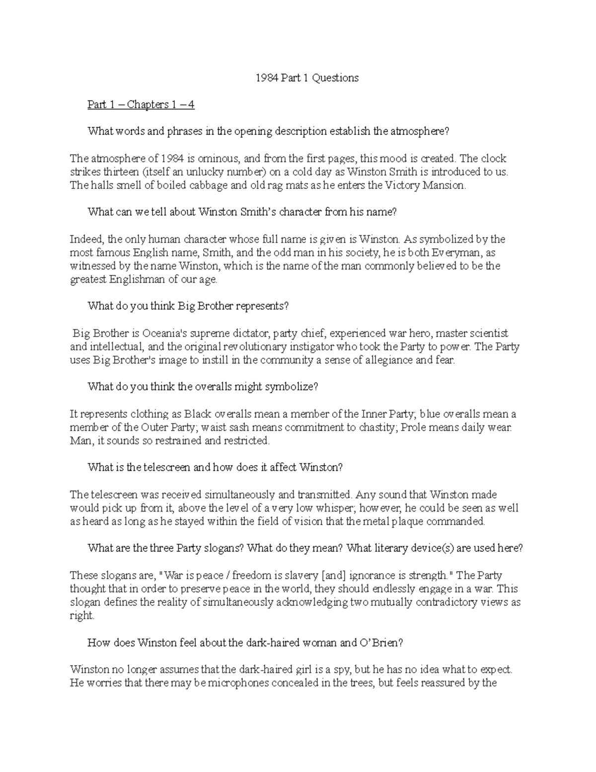 1984 Part 1 Questions ended - 1984 Part 1 Questions Part 1 – Chapters 1 ...