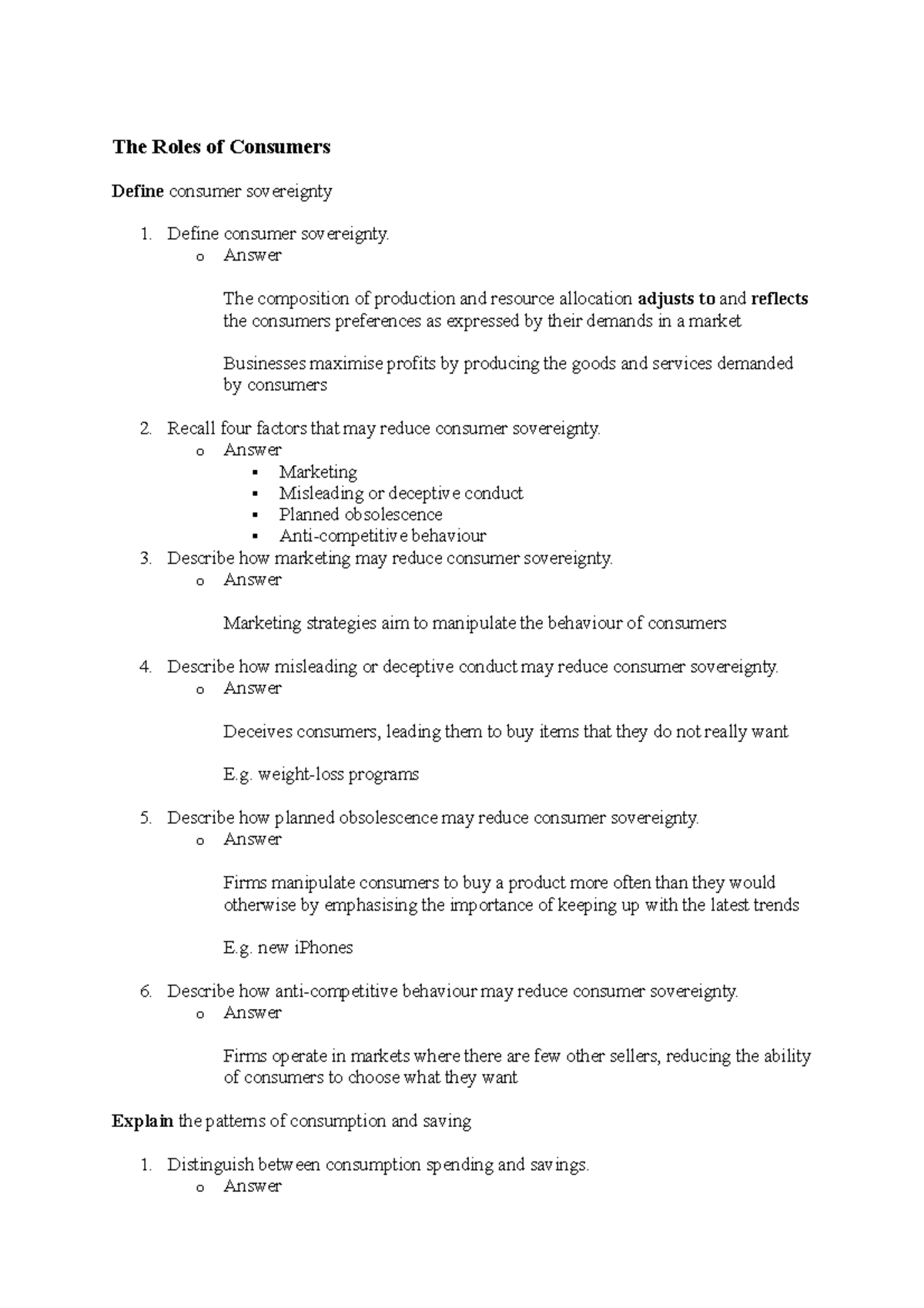 Consumers and Business Complete Notes - The Roles of Consumers Define ...