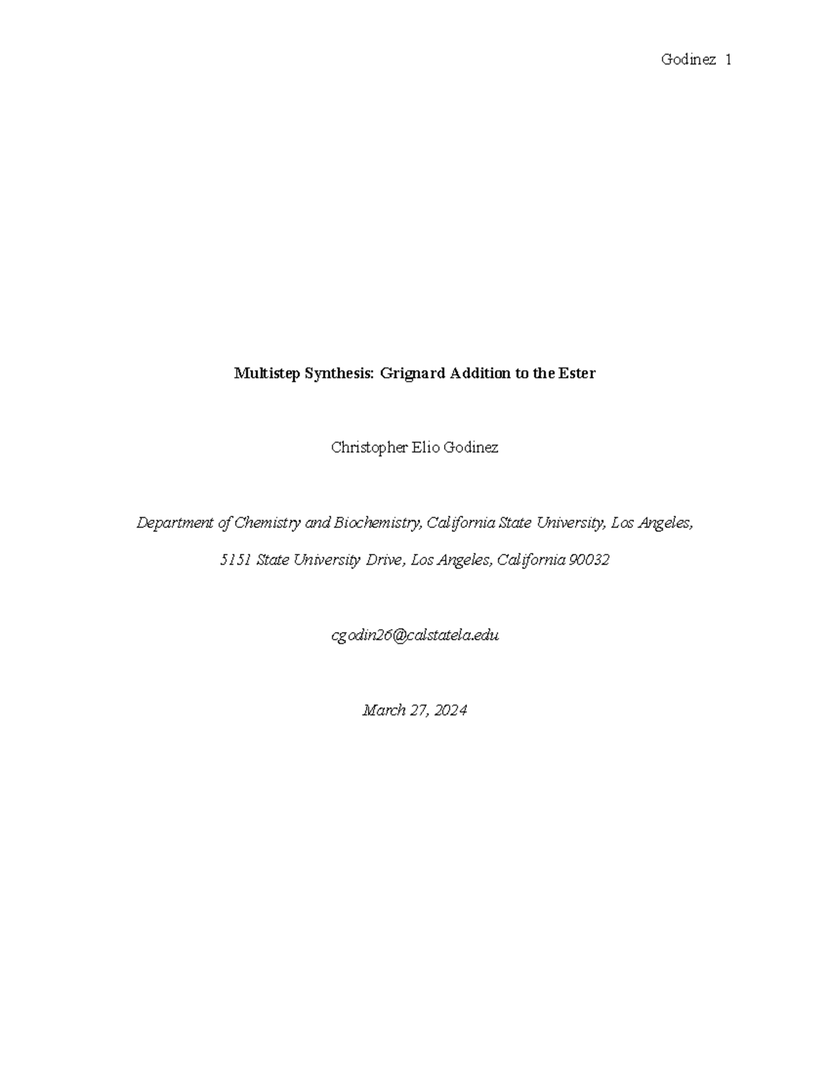 Lab Report 2 Ochem 2 - Multistep Synthesis: Grignard Addition to the ...