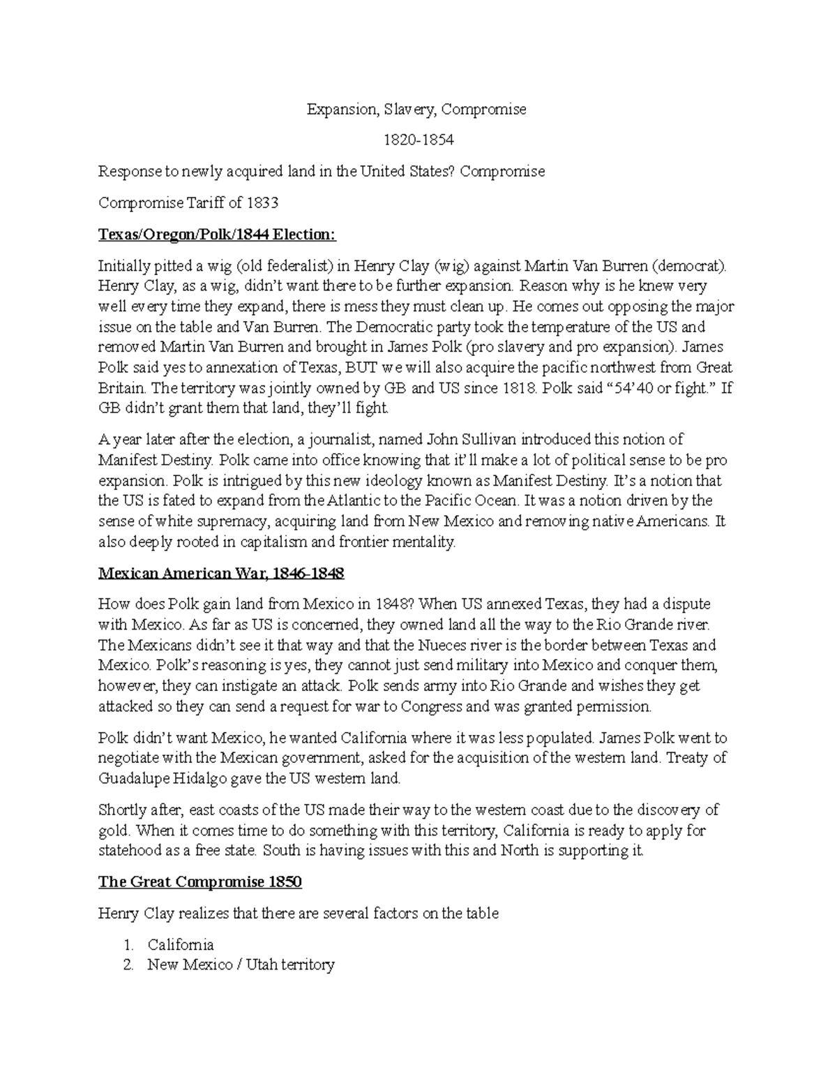 Notes 2 - Expansion, Slavery, Compromise 1820- Response to newly ...