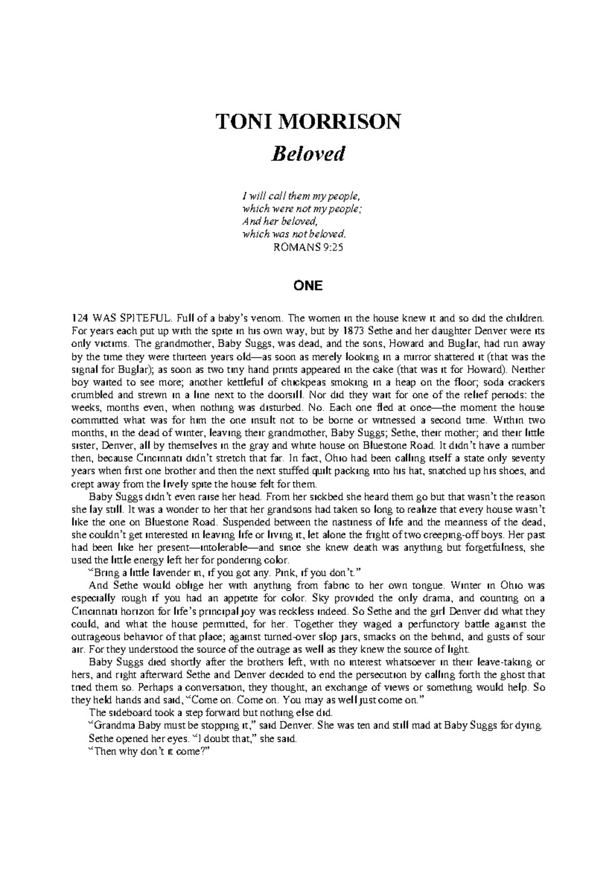 Toni Morrison Beloved - Grade: B+ - TONI MORRISON Beloved I will call ...