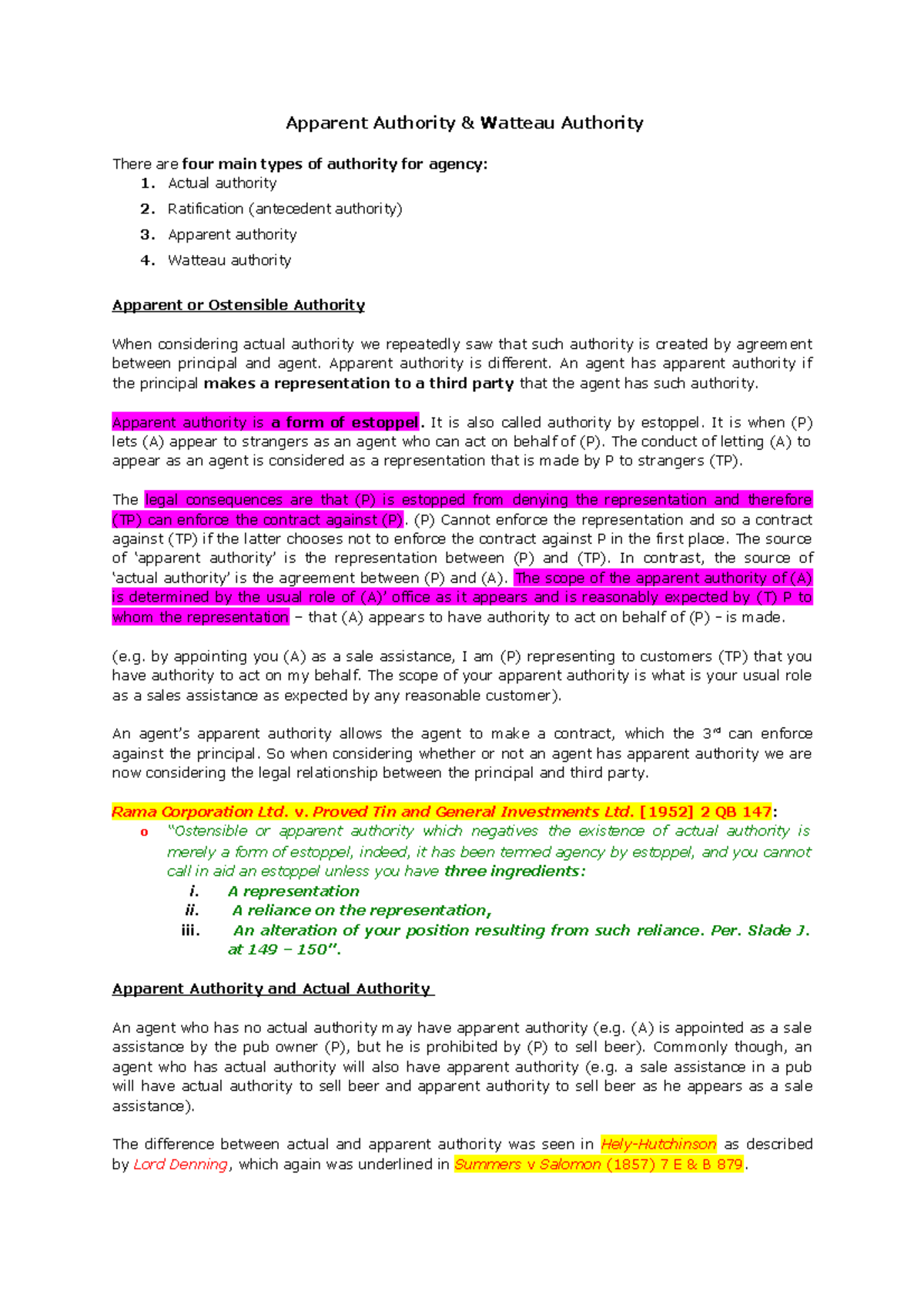 Apparent Authority & Watteau Authority - Apparent Authority & Watteau ...