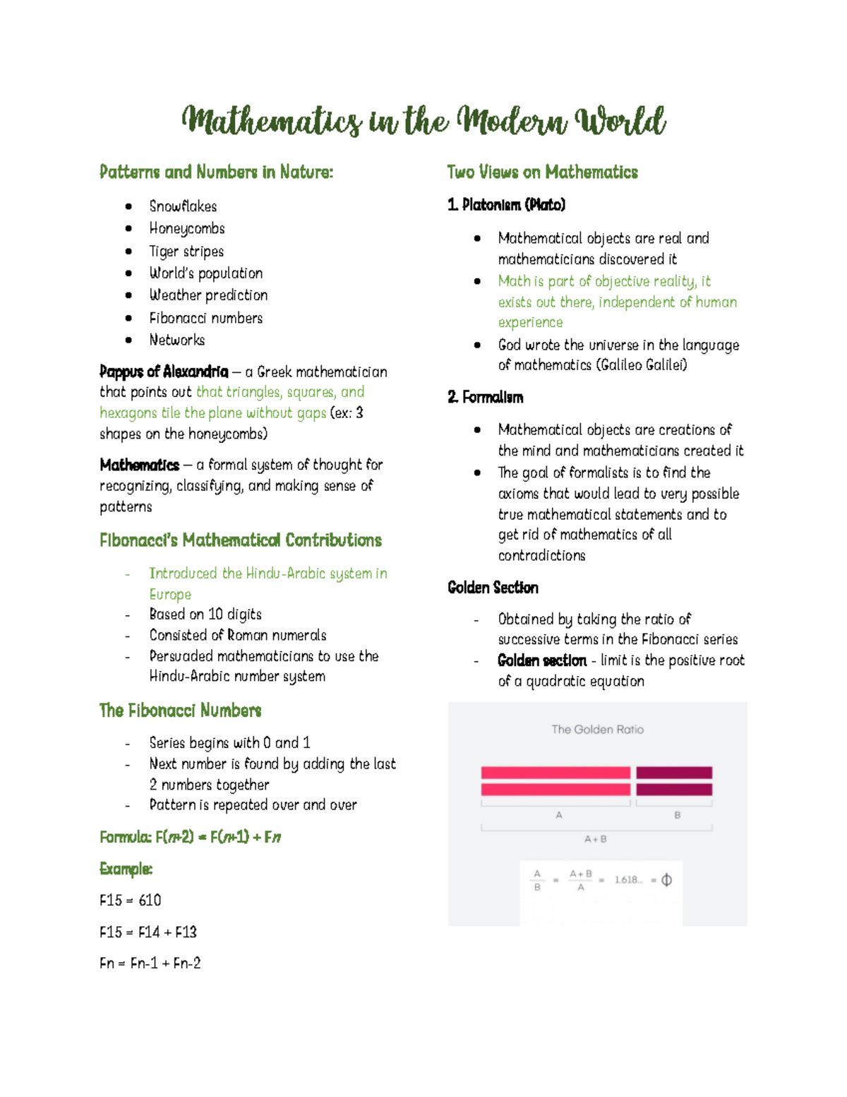 (Notes) Math in the Modern World - Patterns and Numbers in Nature ...