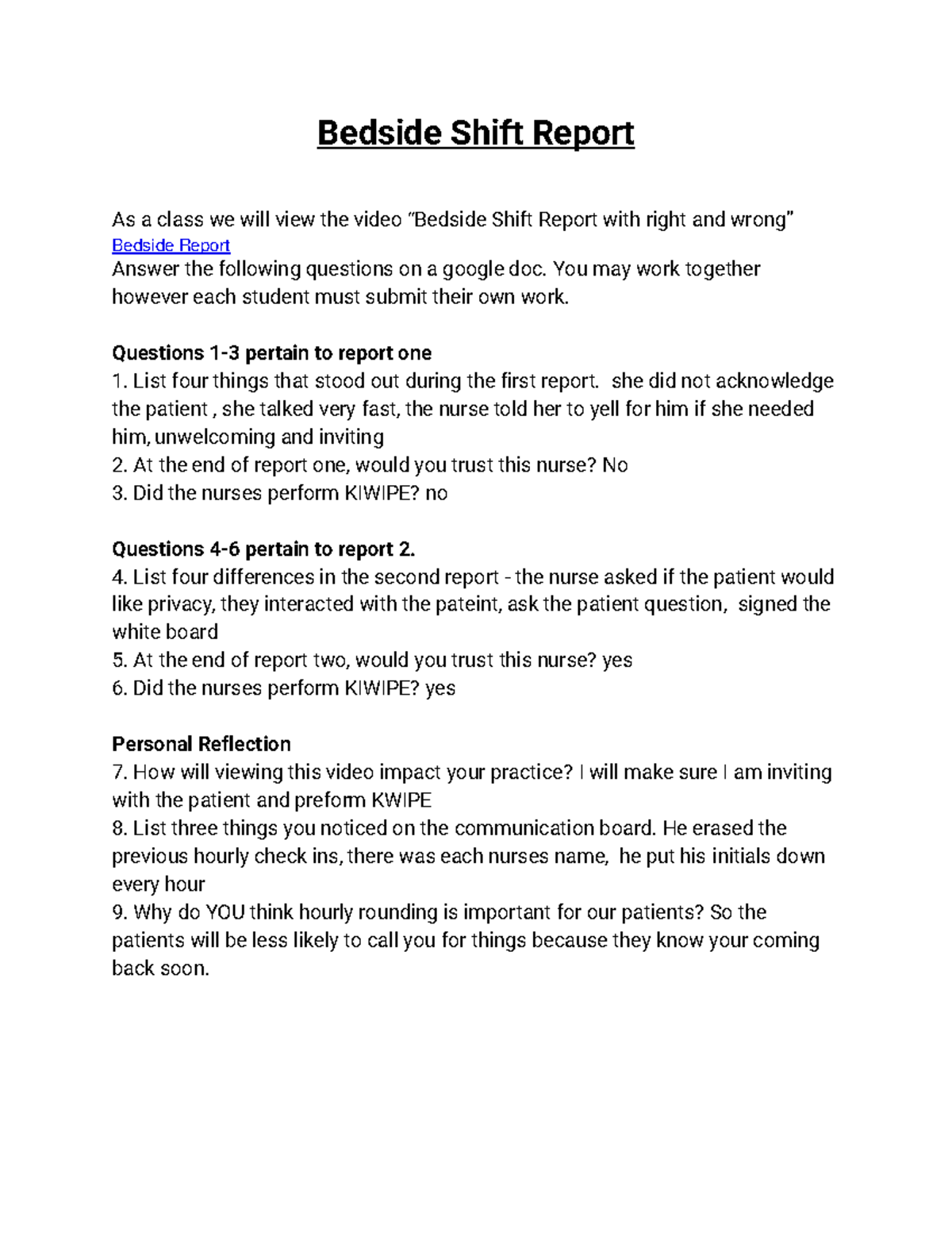 Bedside Shift Report - 4088346 - Bedside Shift Report As a class we ...