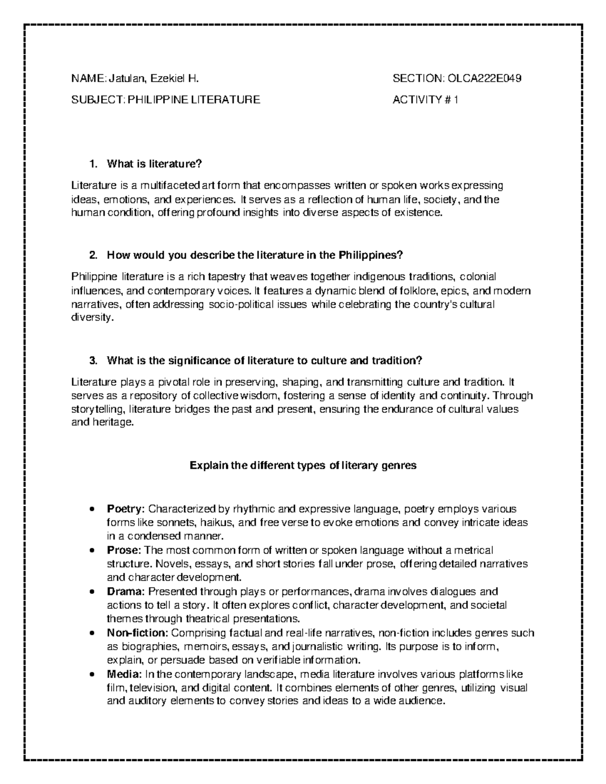 Philippine Literature, Activity # 1 - NAME: Jatulan, Ezekiel H. SECTION ...