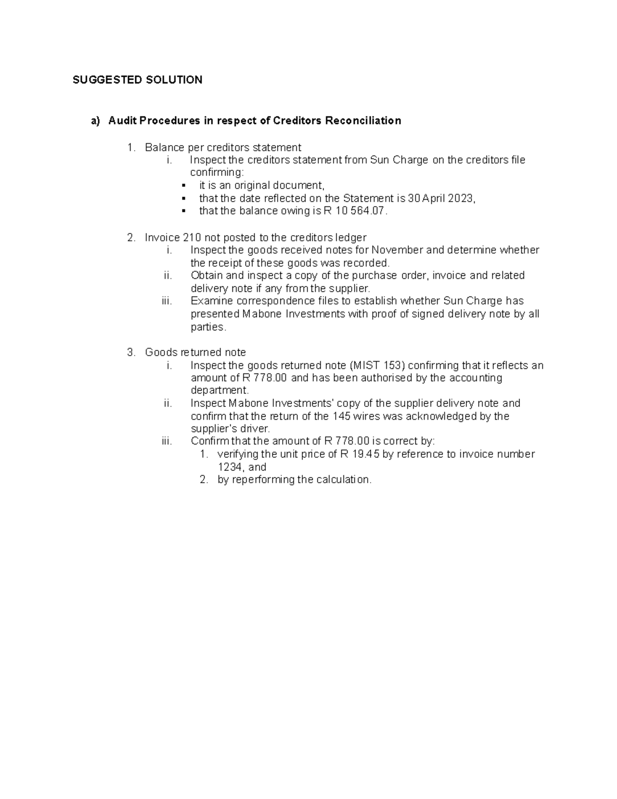 Creditors recon Substantive procedures - SUGGESTED SOLUTION a) Audit ...