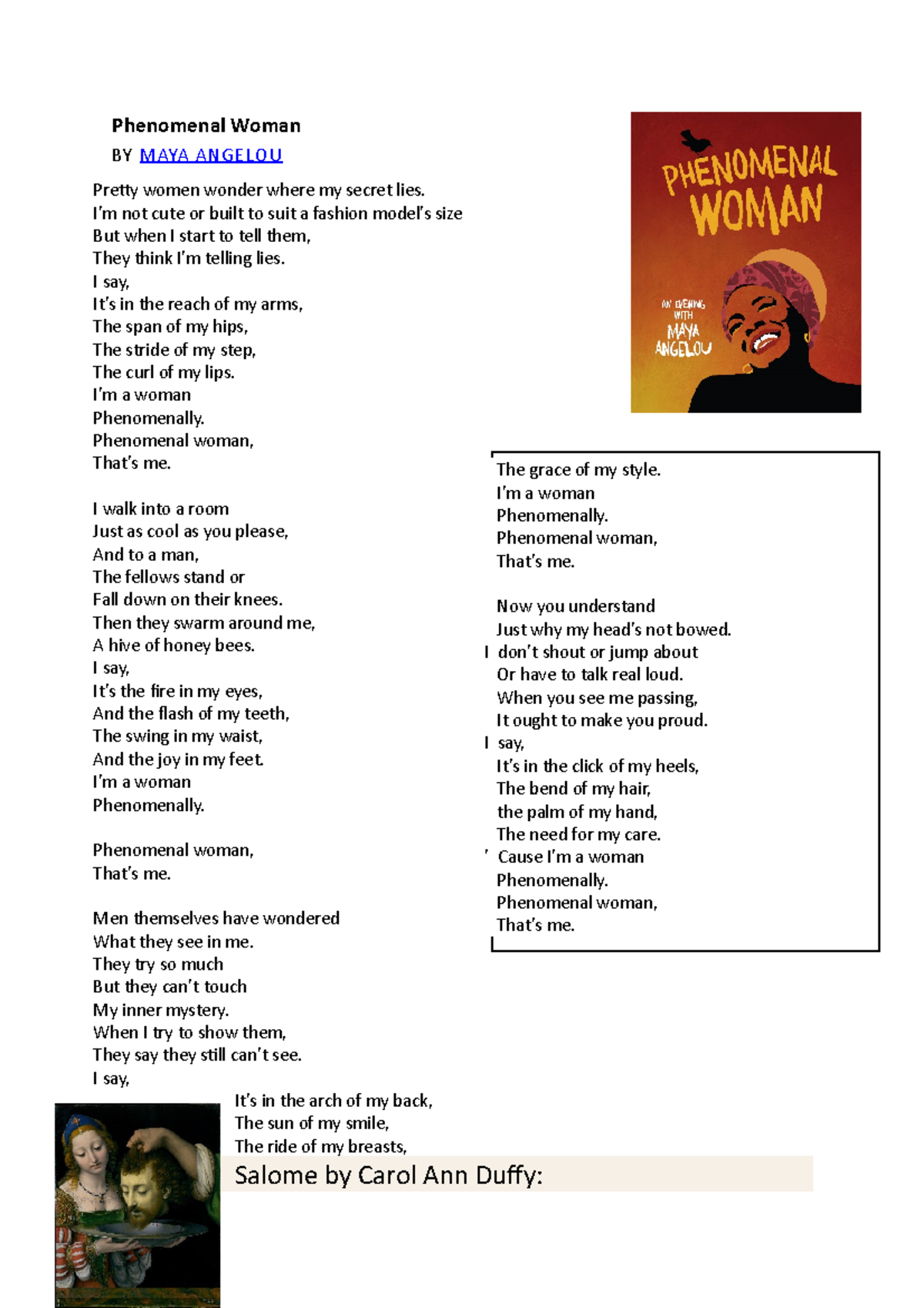Feminist poems - Revision - Phenomenal Woman BY MAYA ANGELOU Pretty ...