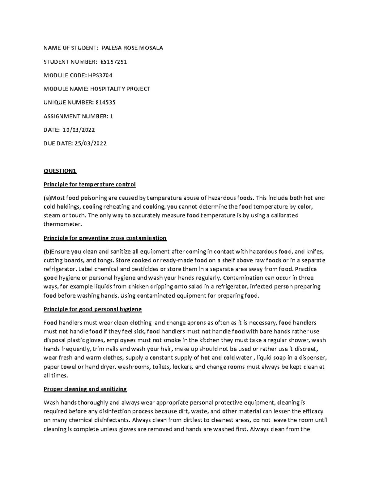 HPS3704 ASS1 - Assignment - NAME OF STUDENT: PALESA ROSE MOSALA STUDENT ...