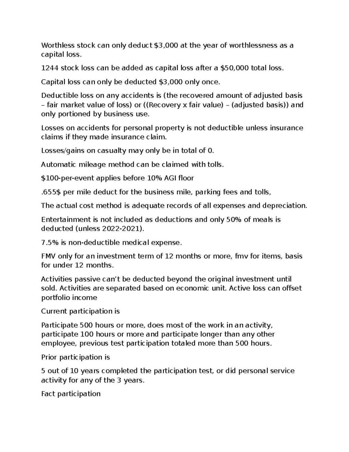 Exam 2 - Summary of exam. - Worthless stock can only deduct $3,000 at ...