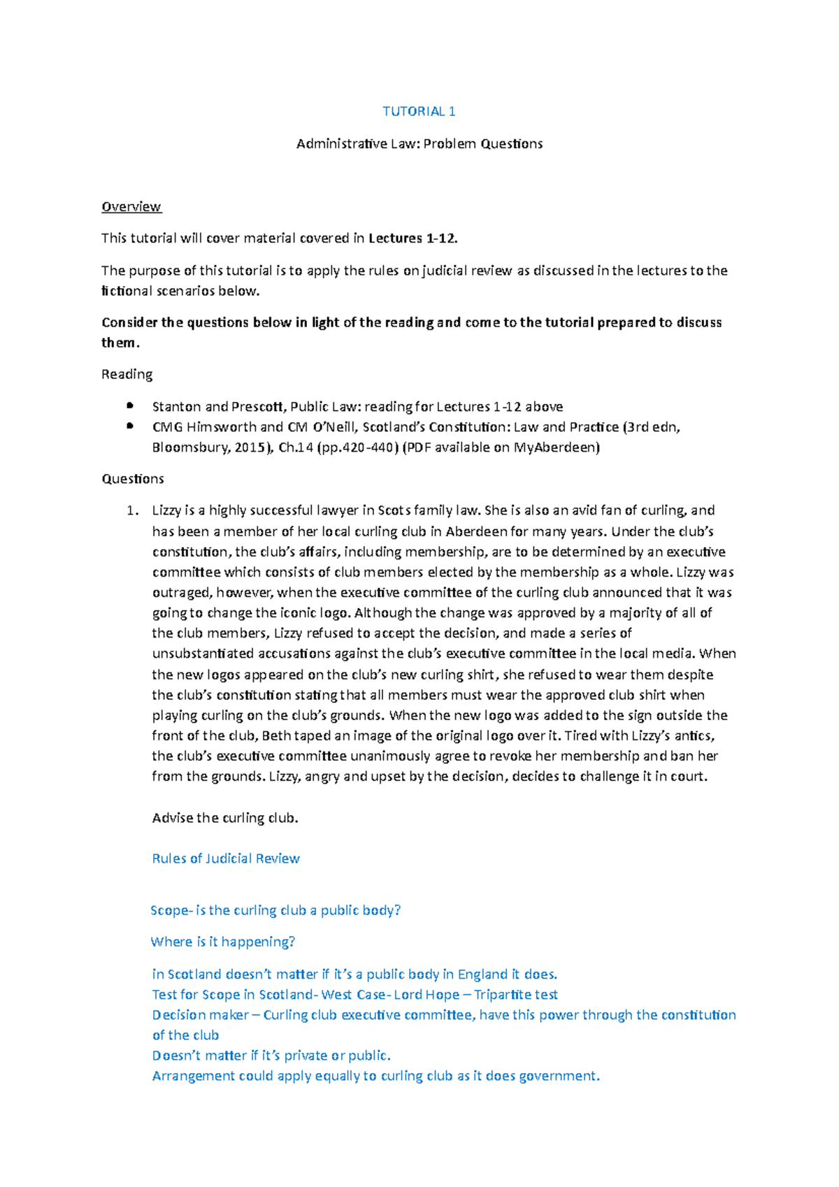 Tutorial 1 - TUTORIAL 1 Administrative Law: Problem Questions Overview This tutorial will cover ...