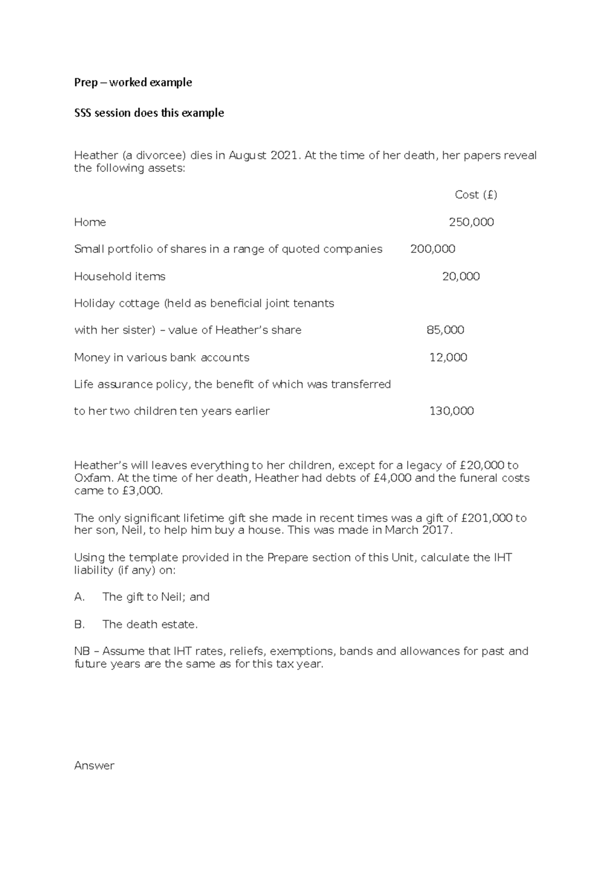 Worked example prep for IHT including reliefs - Prep – worked example ...