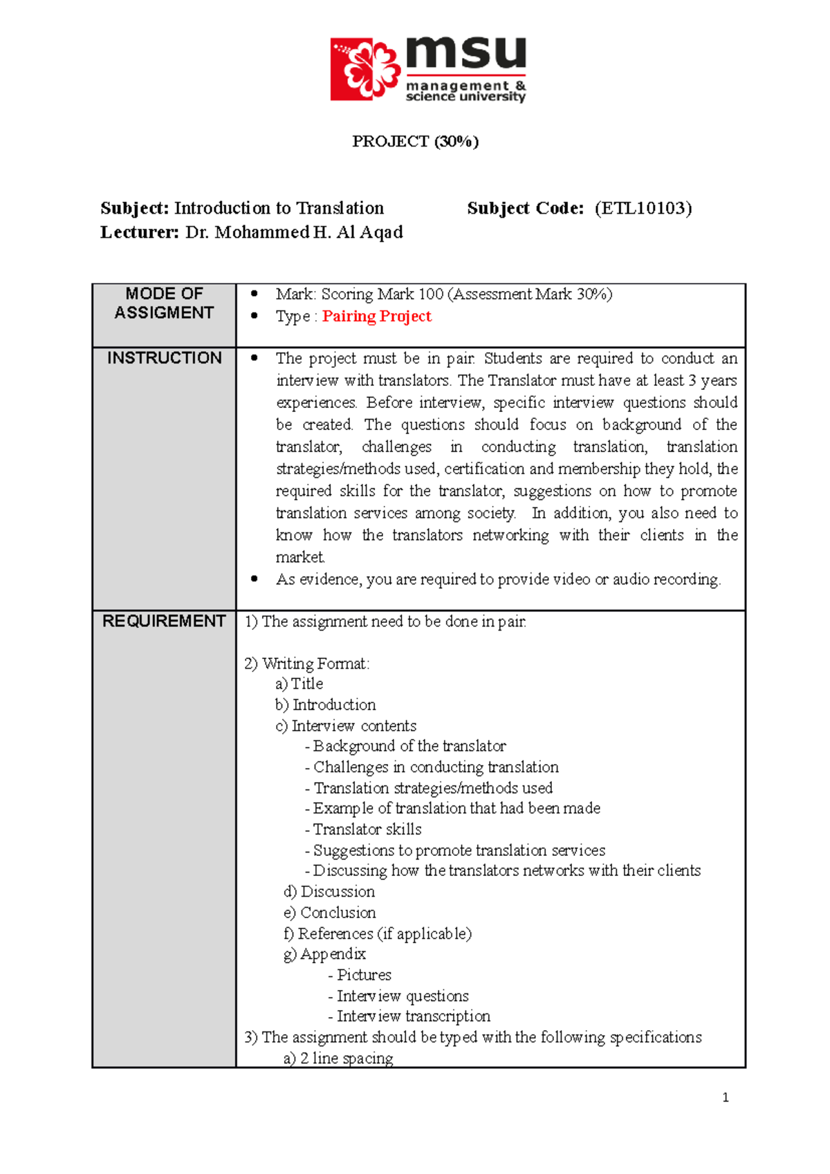 Project- Introduction to Translation - PROJECT (30%) Subject ...