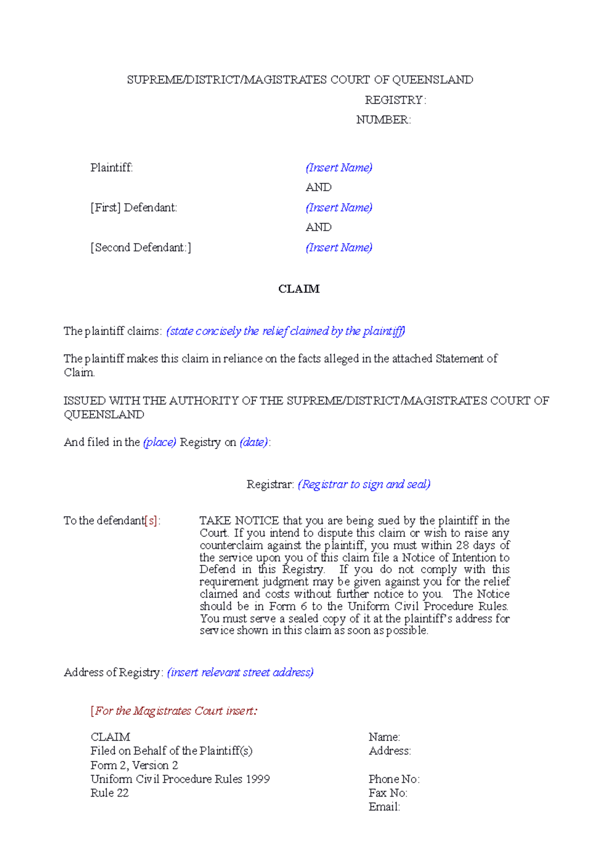 Form-2-Claim-UCPR annotated - SUPREME/DISTRICT/MAGISTRATES COURT OF ...