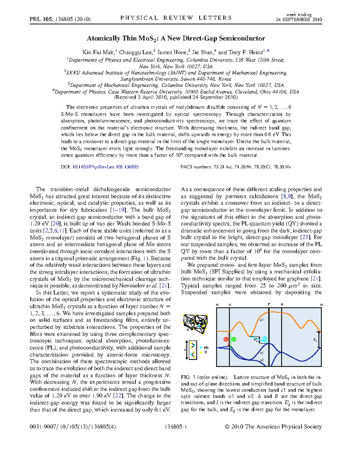 Articulo - artículo de interés - Atomically Thin MoS 2 : A New Direct ...
