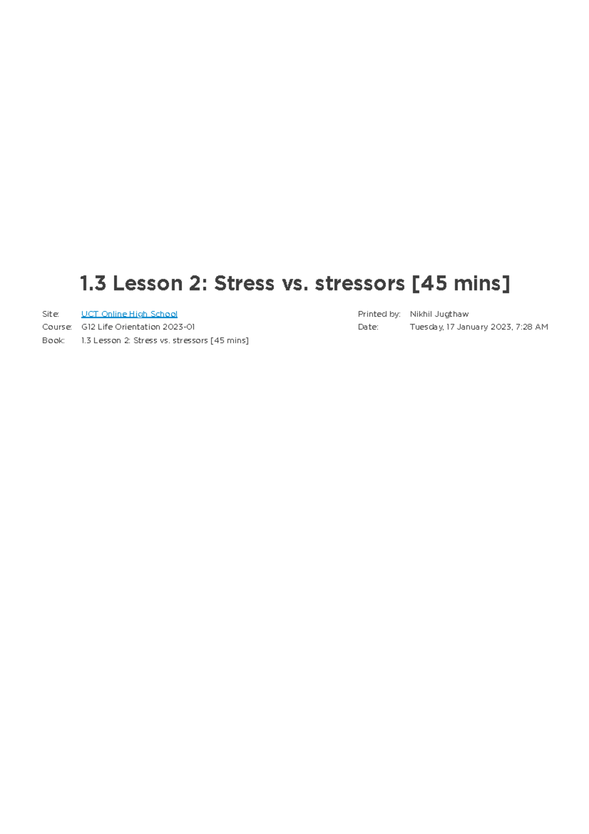 Stress vs. stressors - 1 Lesson 2: Stress vs. stressors [45 mins] Site ...