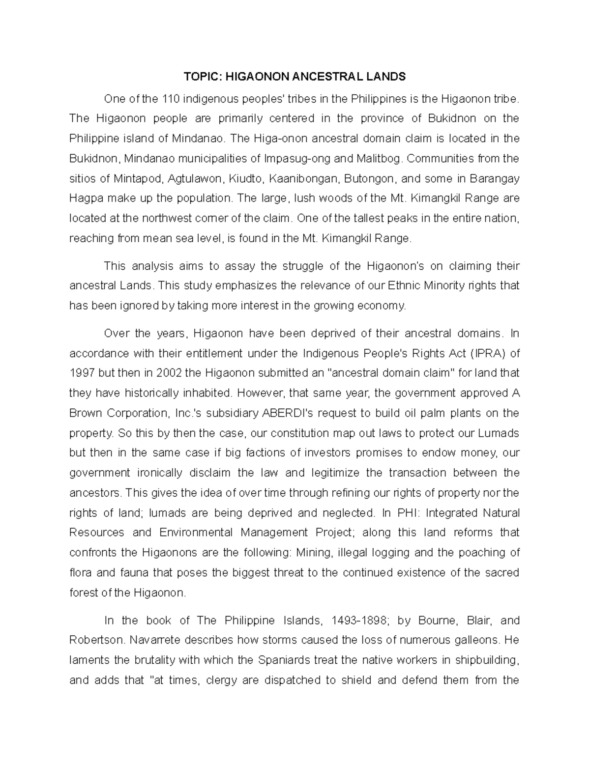 Analysis - History - TOPIC: HIGAONON ANCESTRAL LANDS One of the 110 ...