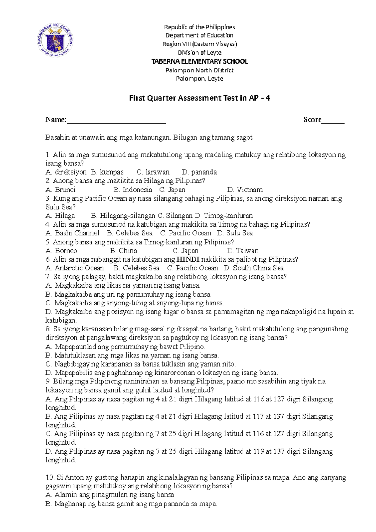 Quarter 1 Àssessment Test AP - 4 v2 - Republic of the Philippines ...
