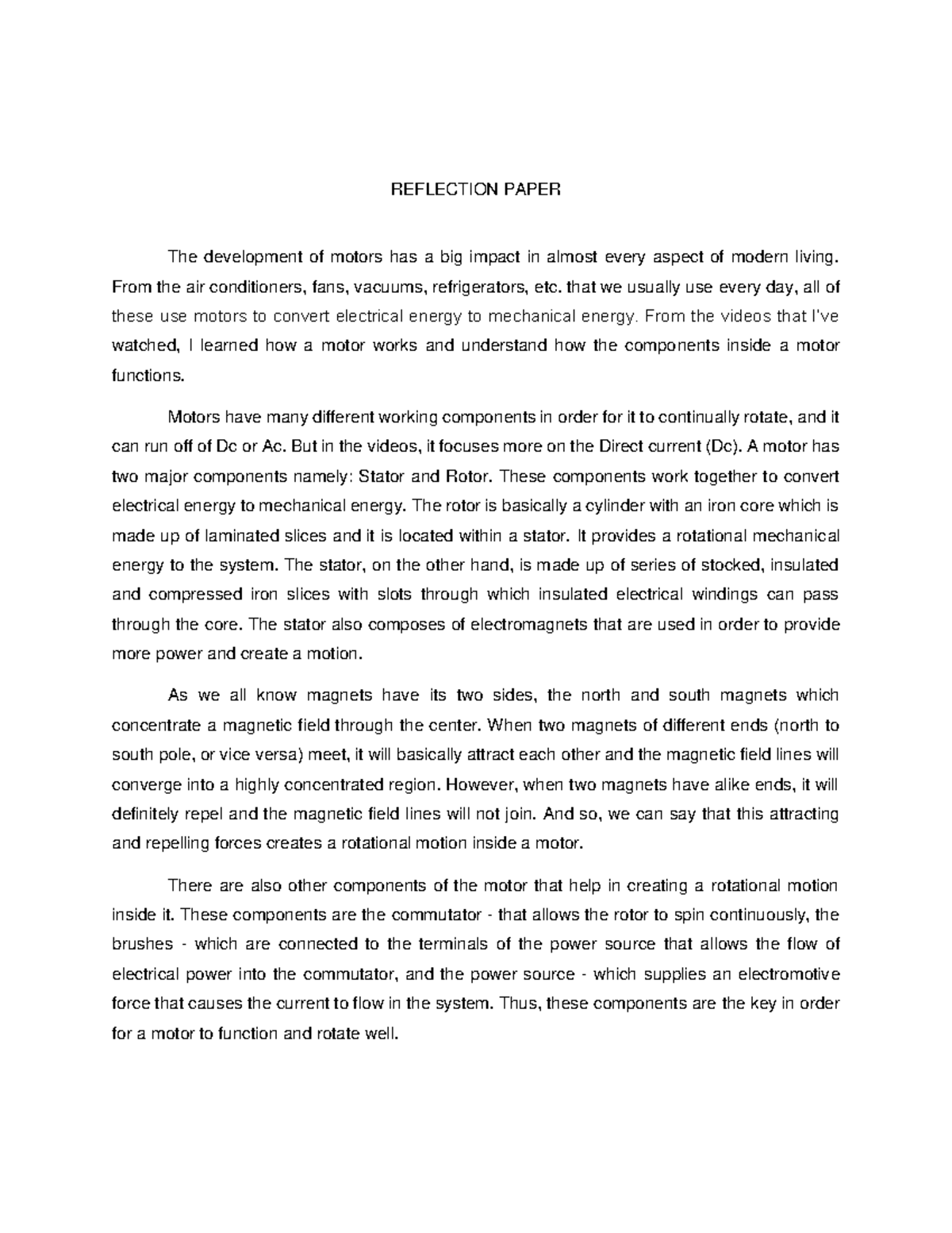 Reflection Paper on Motors - Circuits - San Jose - Studocu