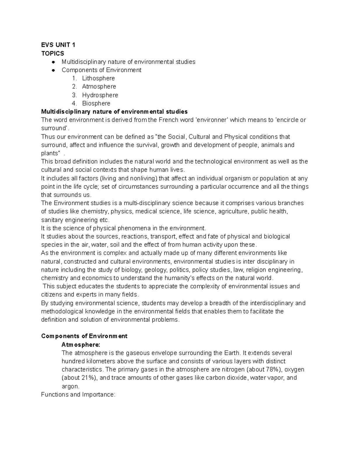 Unit 1 notes - EVS UNIT 1 TOPICS Multidisciplinary nature of ...