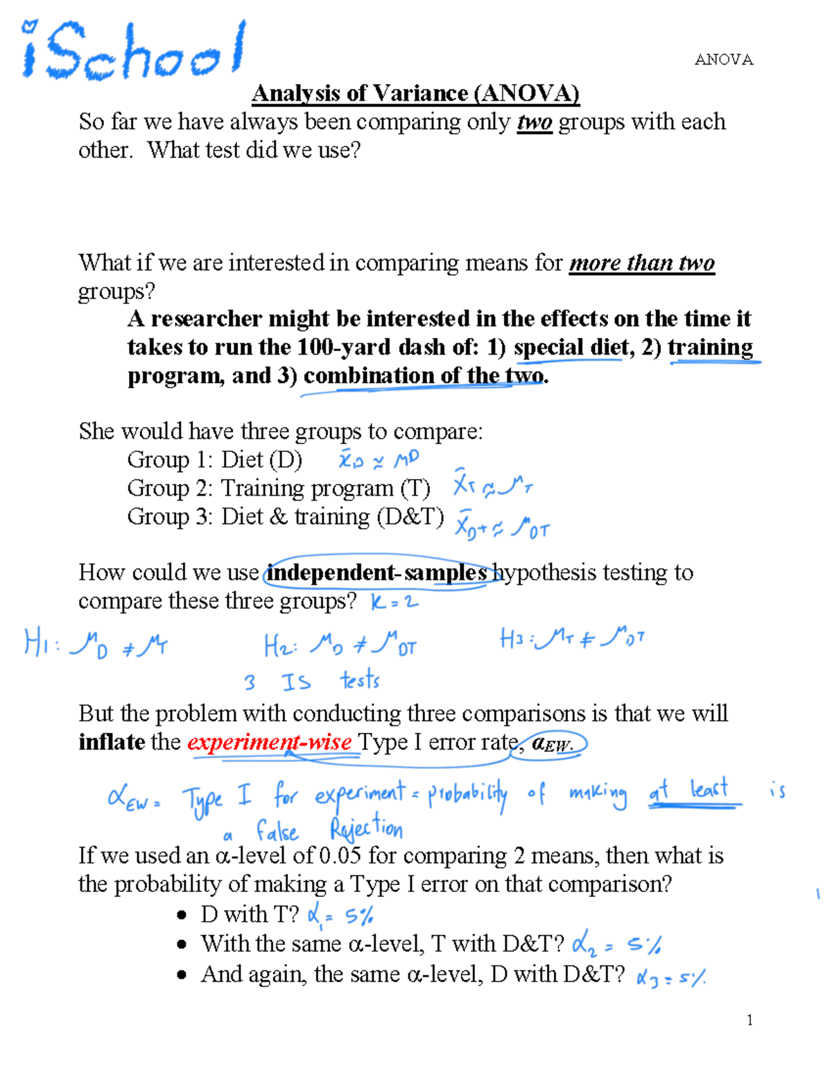 12 Anova - Class notes prior to quizzes - Analysis of Variance (ANOVA ...