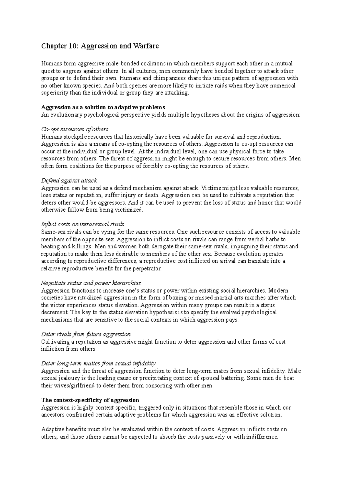 Chapter 10 Aggression and Warfare - Chapter 10: Aggression and Warfare Humans form aggressive ...