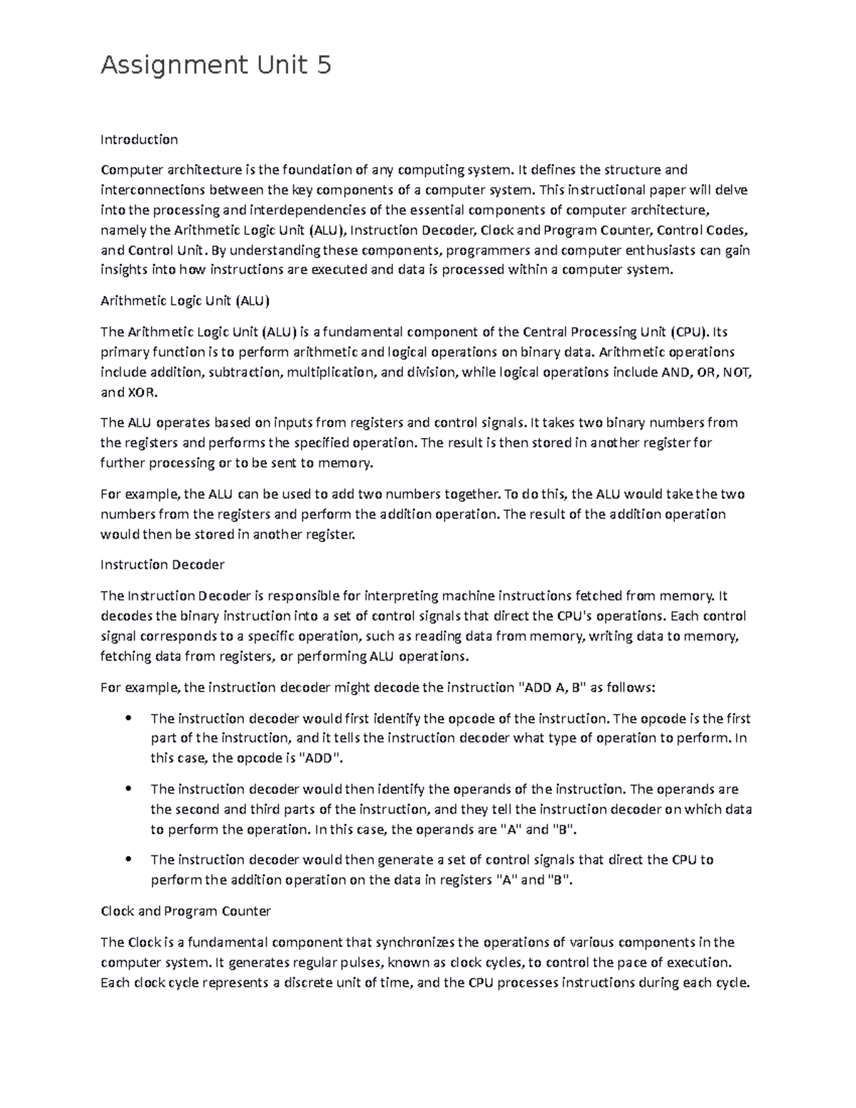 Assignment Unit 5 - It defines the structure and interconnections between the key components of ...