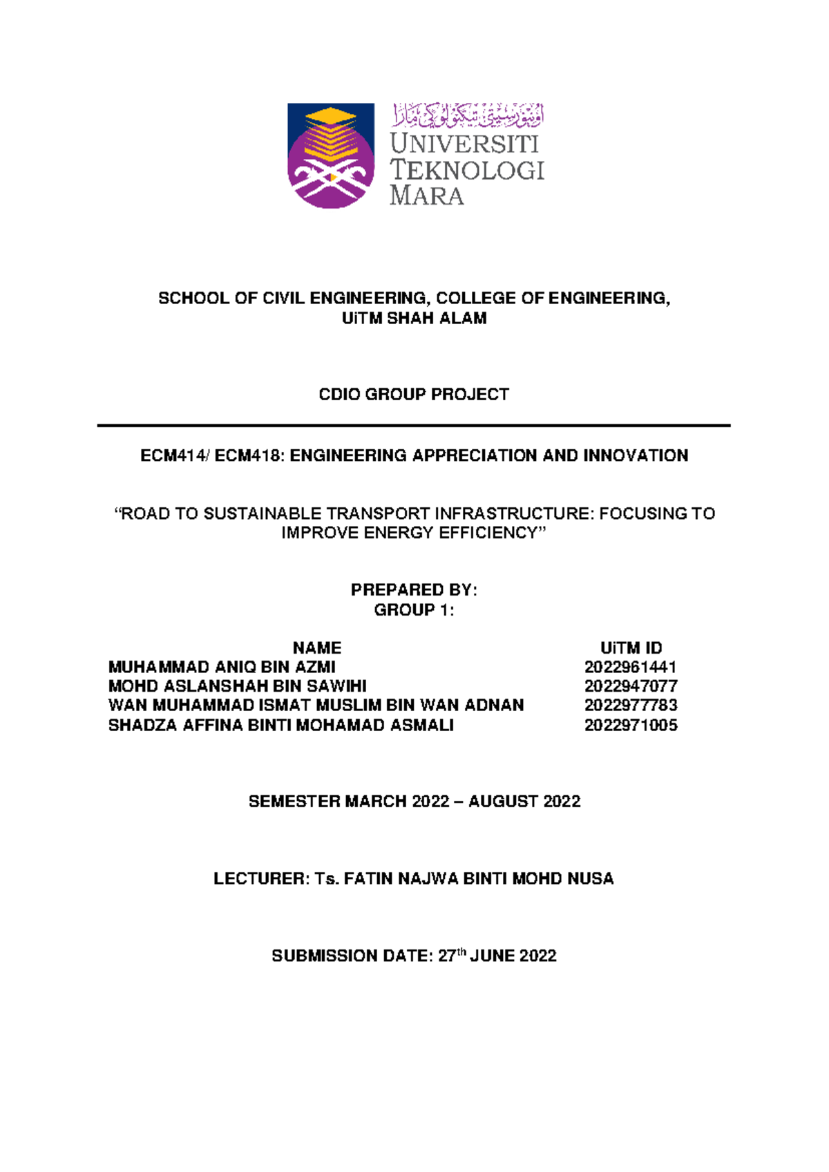 CDIO Project - SCHOOL OF CIVIL ENGINEERING, COLLEGE OF ENGINEERING ...