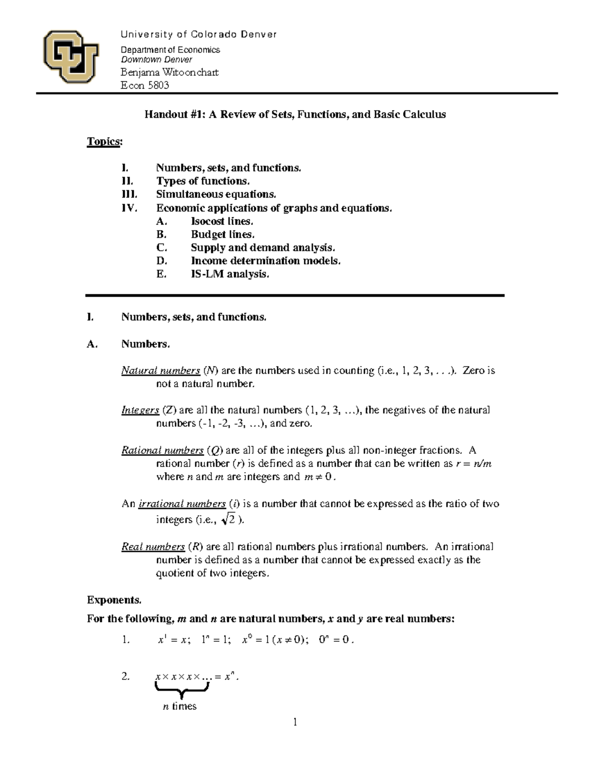 5803handout 1 basic Calculus - Handout #1: A Review of Sets, Functions ...