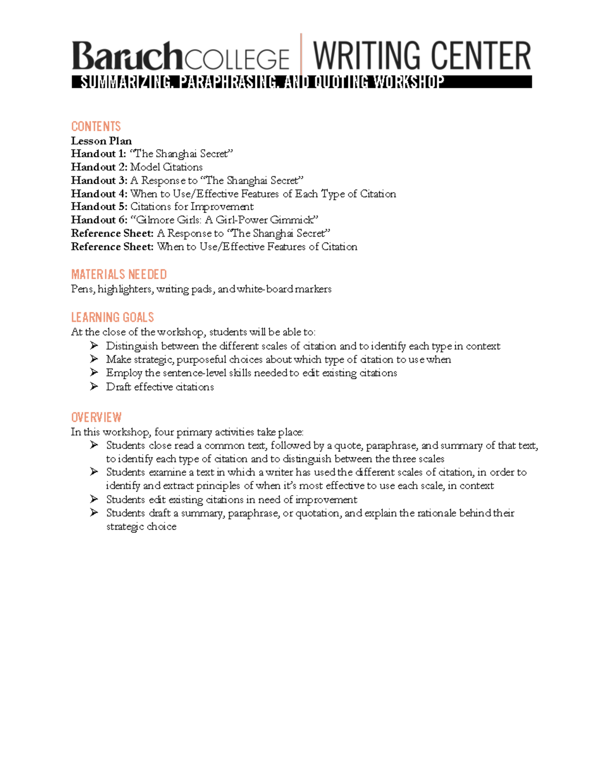 Workshop summarizing paraphrasing quoting reformatted - CONTENTS Lesson ...