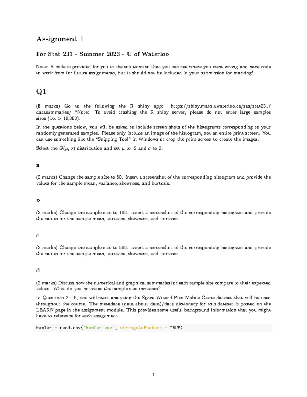 S231-S2023-Assn1 - Assignment 1 - Assignment 1 For Stat 231 - Summer ...