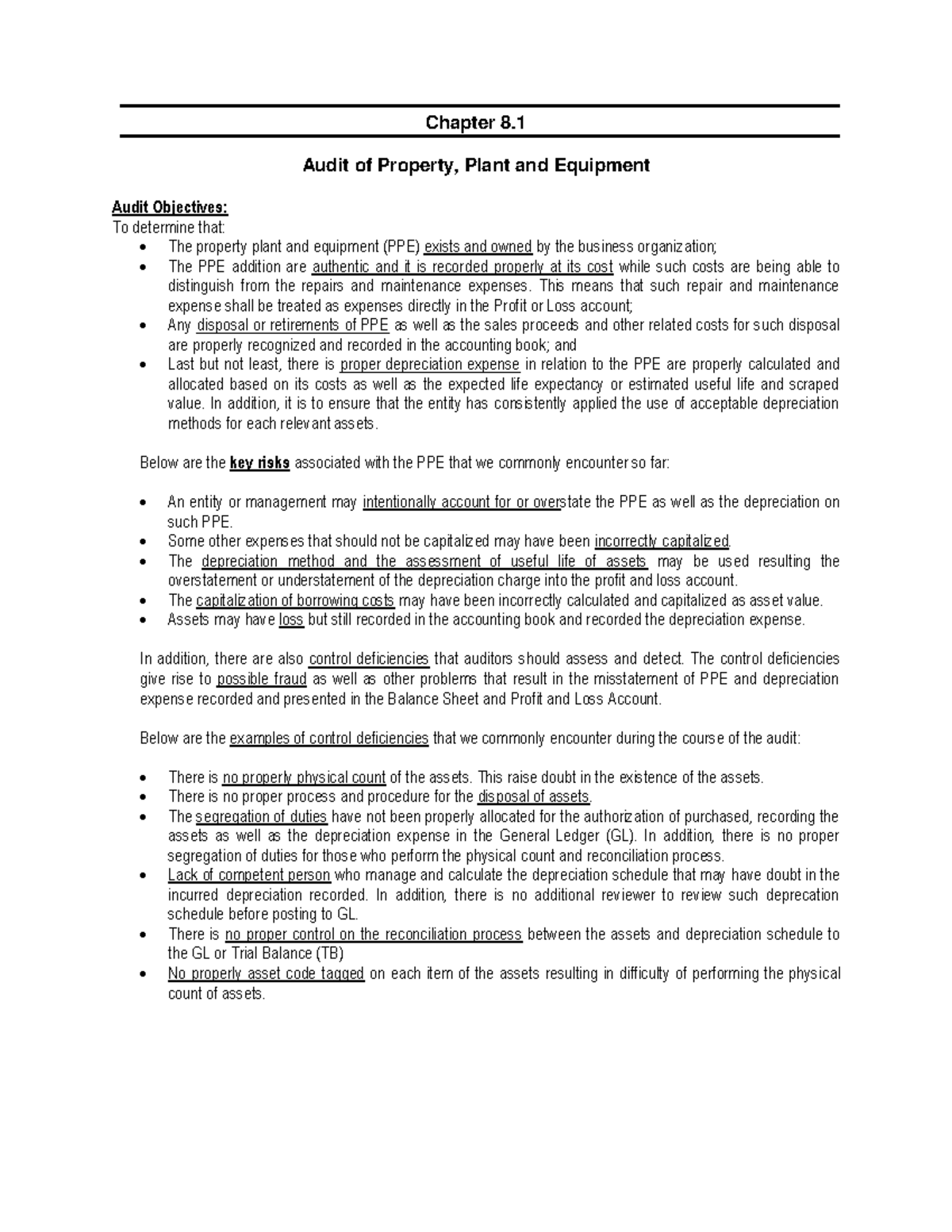 Chapter-8 - Chapter 8. Audit of Property, Plant and Equipment Audit ...