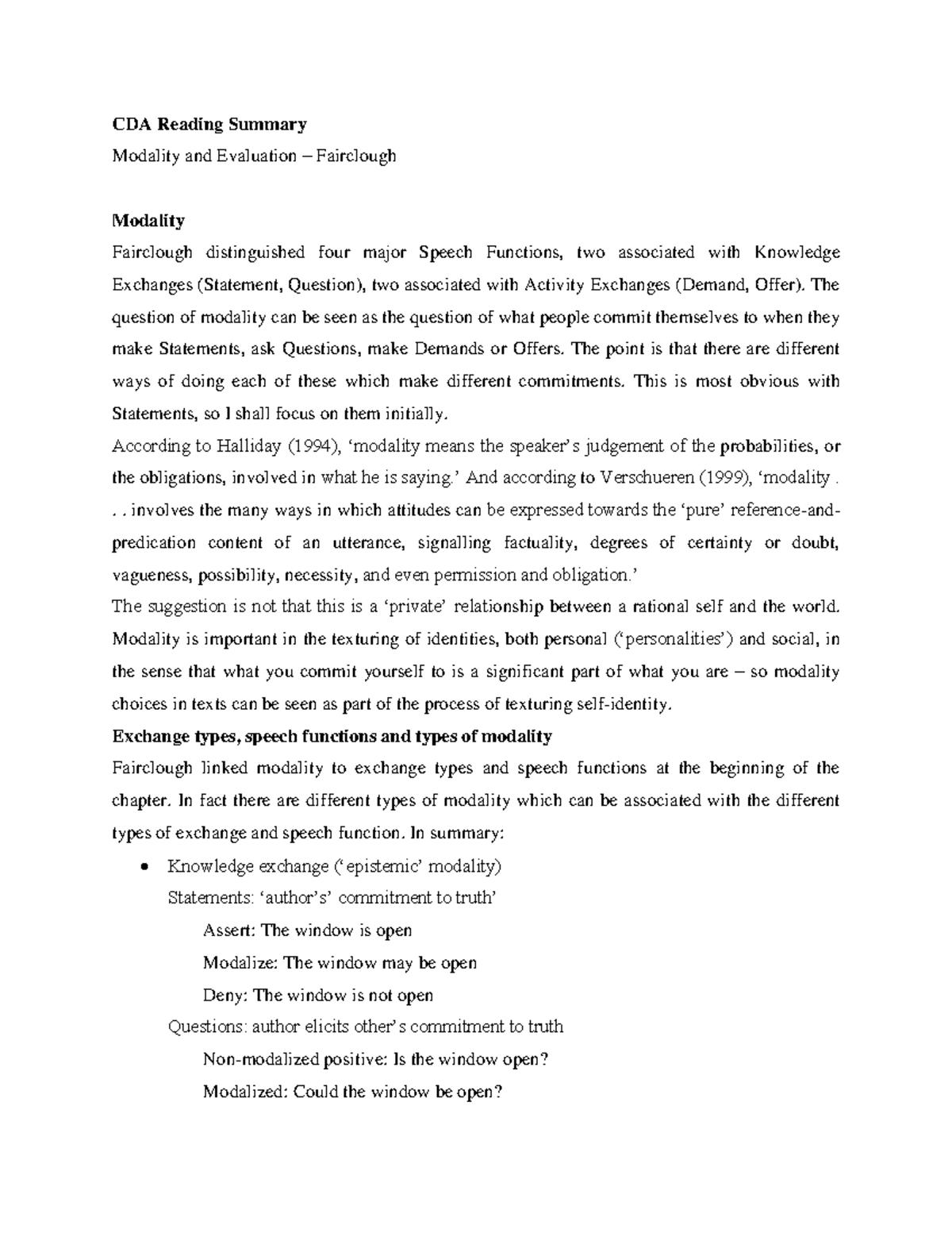 Summary 'Modality and Evaluation' - CDA Reading Summary Modality and ...