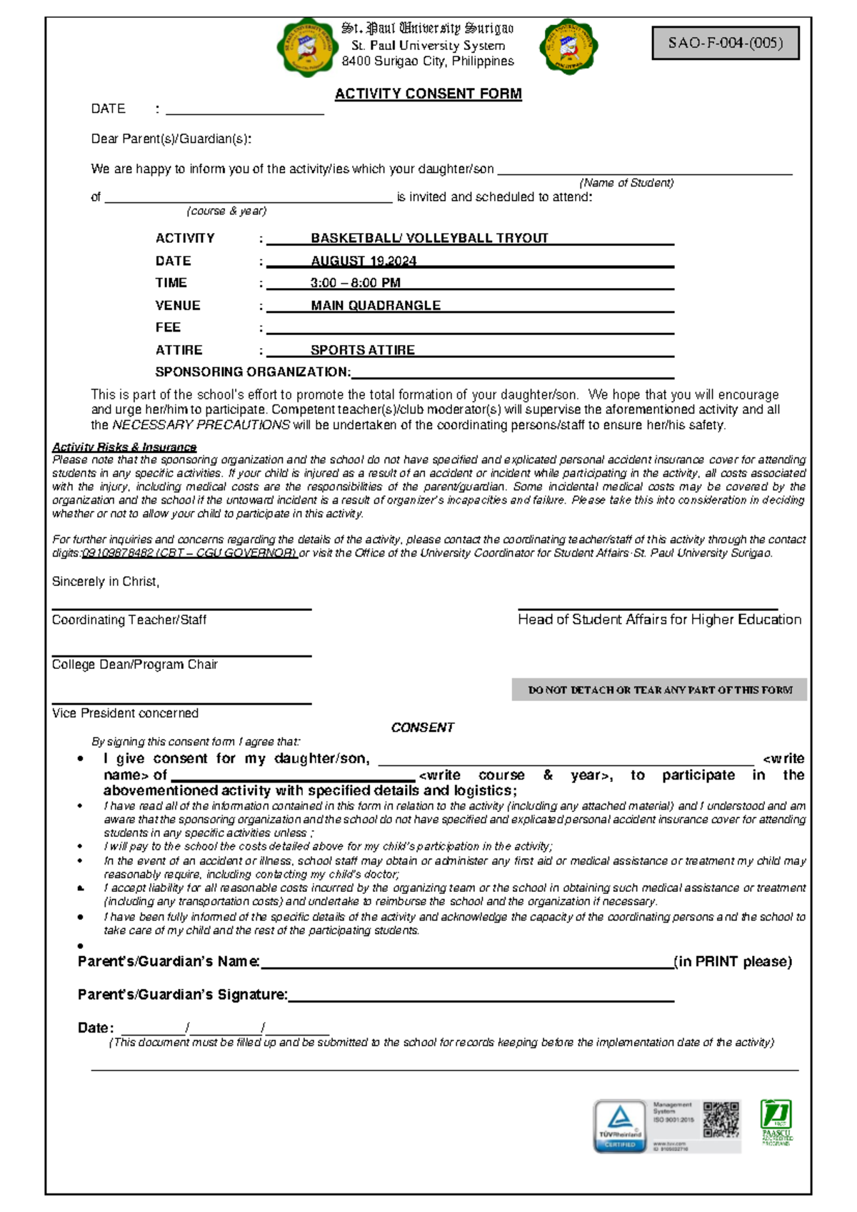 SAO F 004 005 Consent forms 1 - St. Paul University Surigao St. Paul ...