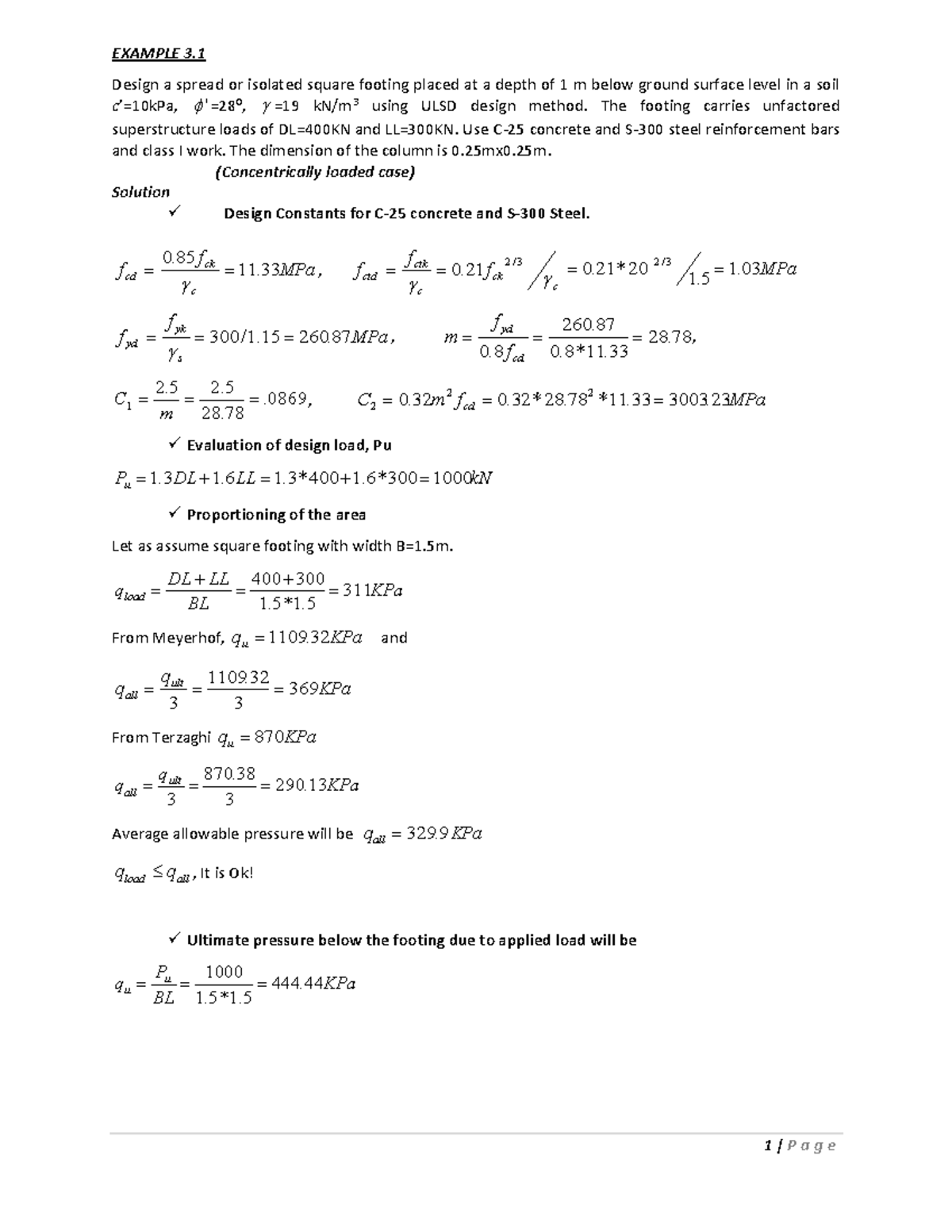 Example on design of shallow foundation - EXAMPLE 3. Design a spread or ...