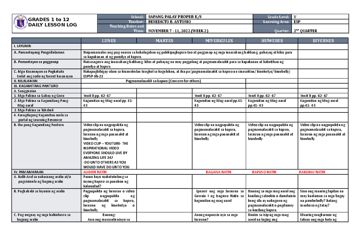 DLL ESP 5 Q2 W2 - NOTES - GRADES 1 to 12 DAILY LESSON LOG School ...