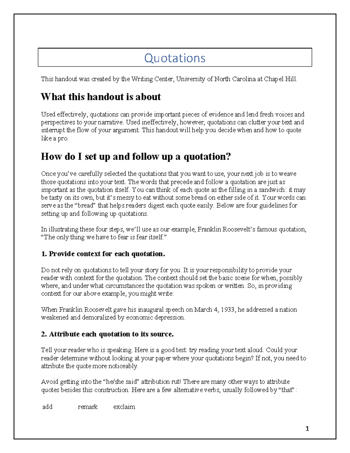 Quotations Handout - How to use quotes effectively - Quotations This ...