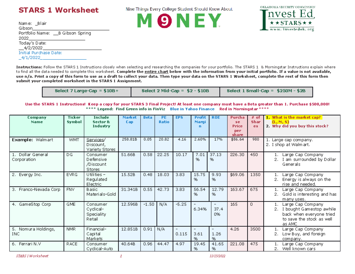 Stars 1 Worksheet (Blair Gibson) - STARS 1 Worksheet Name: Blair Gibson