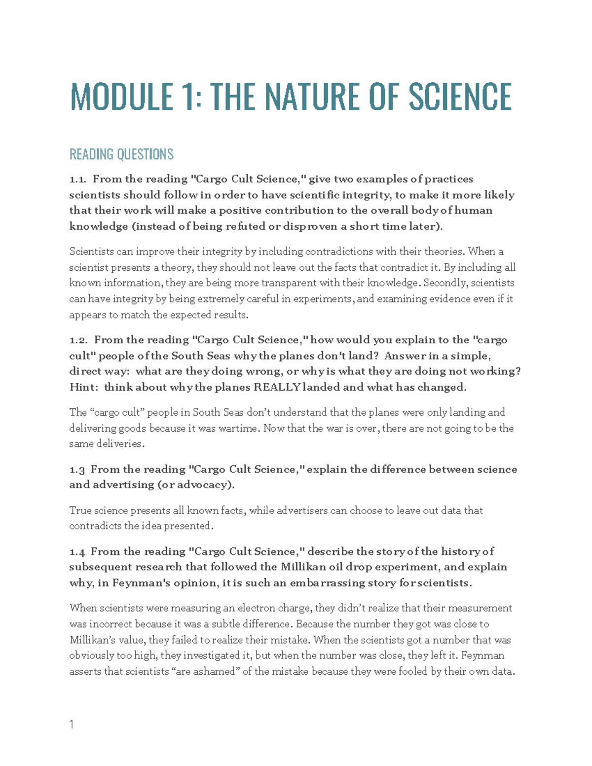 Reading Video Questions - MODULE 1: THE NATURE OF SCIENCE READING ...