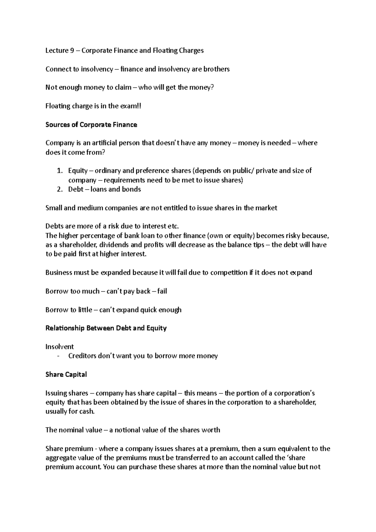 L9 floating charges and finance - Lecture 9 – Corporate Finance and ...