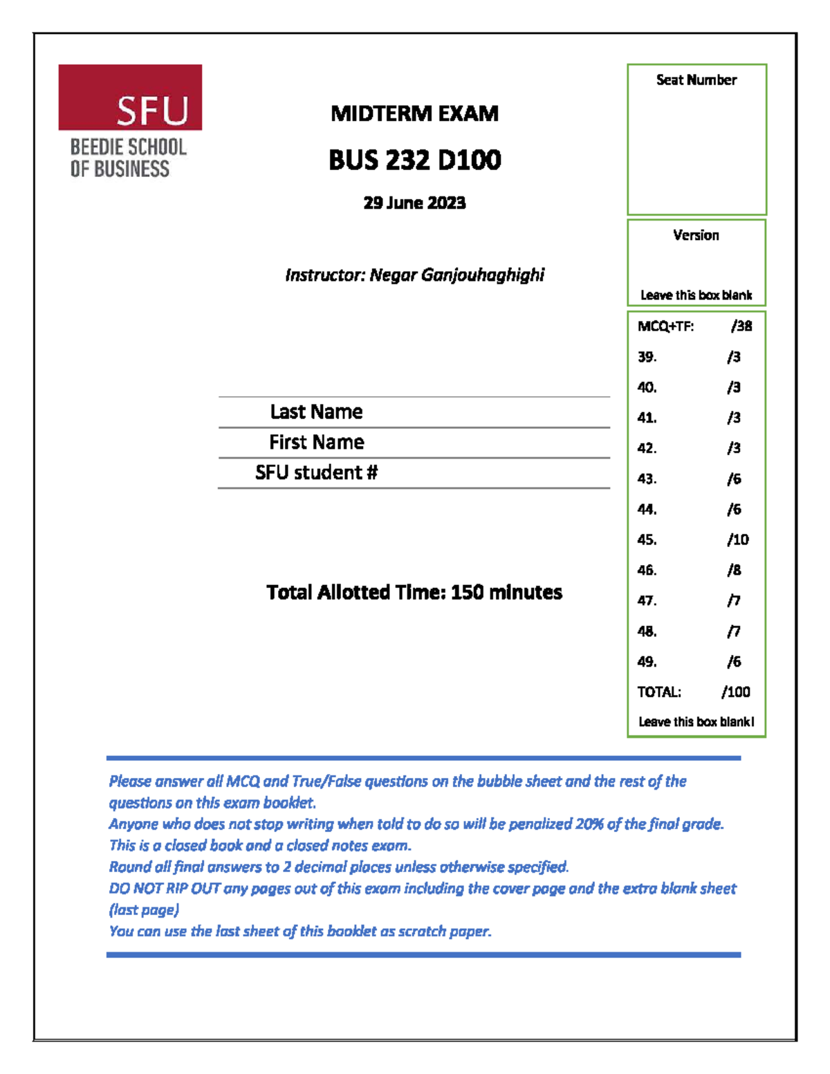 Bus 232 formula sheet - BUS 232 - Studocu
