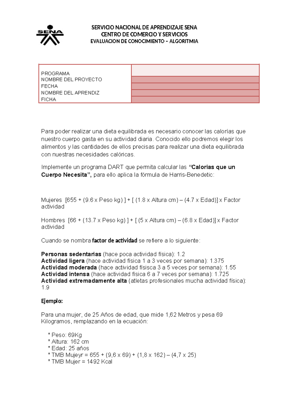 Eval5-Calorias-Concurso - CENTRO DE COMERCIO Y SERVICIOS EVALUACION DE ...