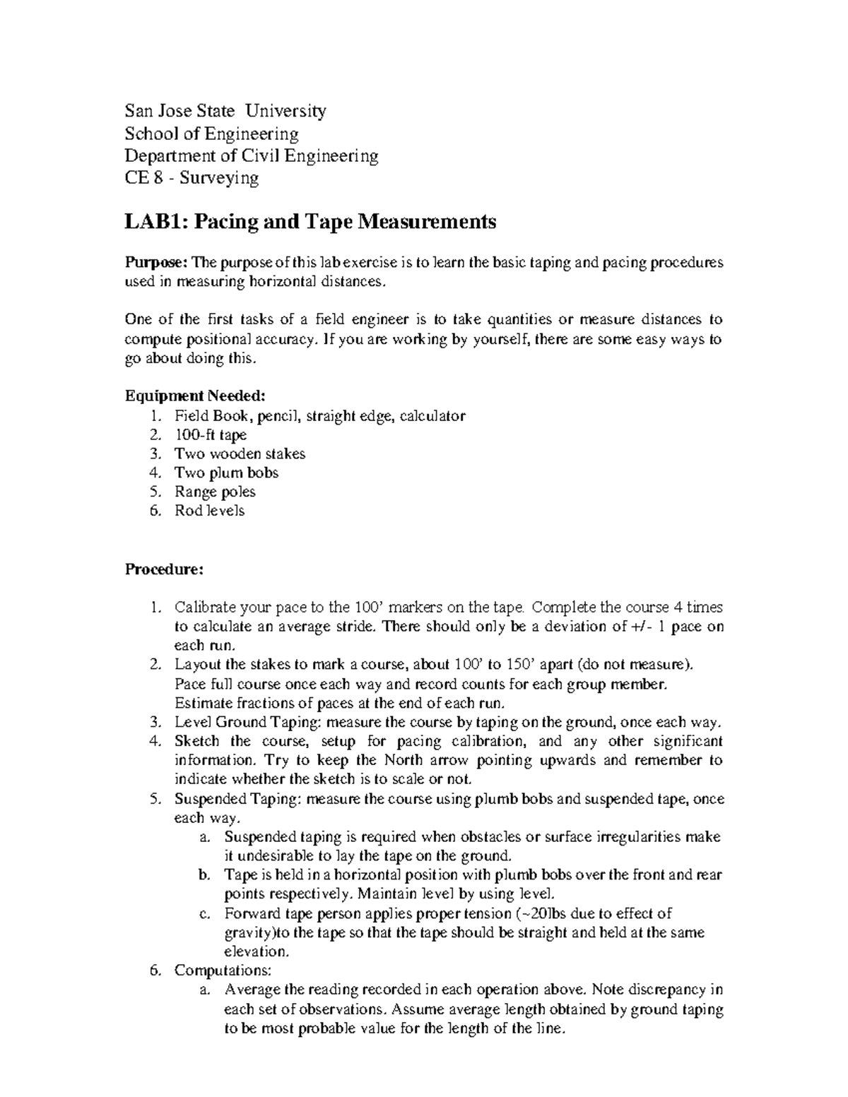 CE8 Lab #1-FA-23 Pacing and Tape Measurements - San Jose State ...