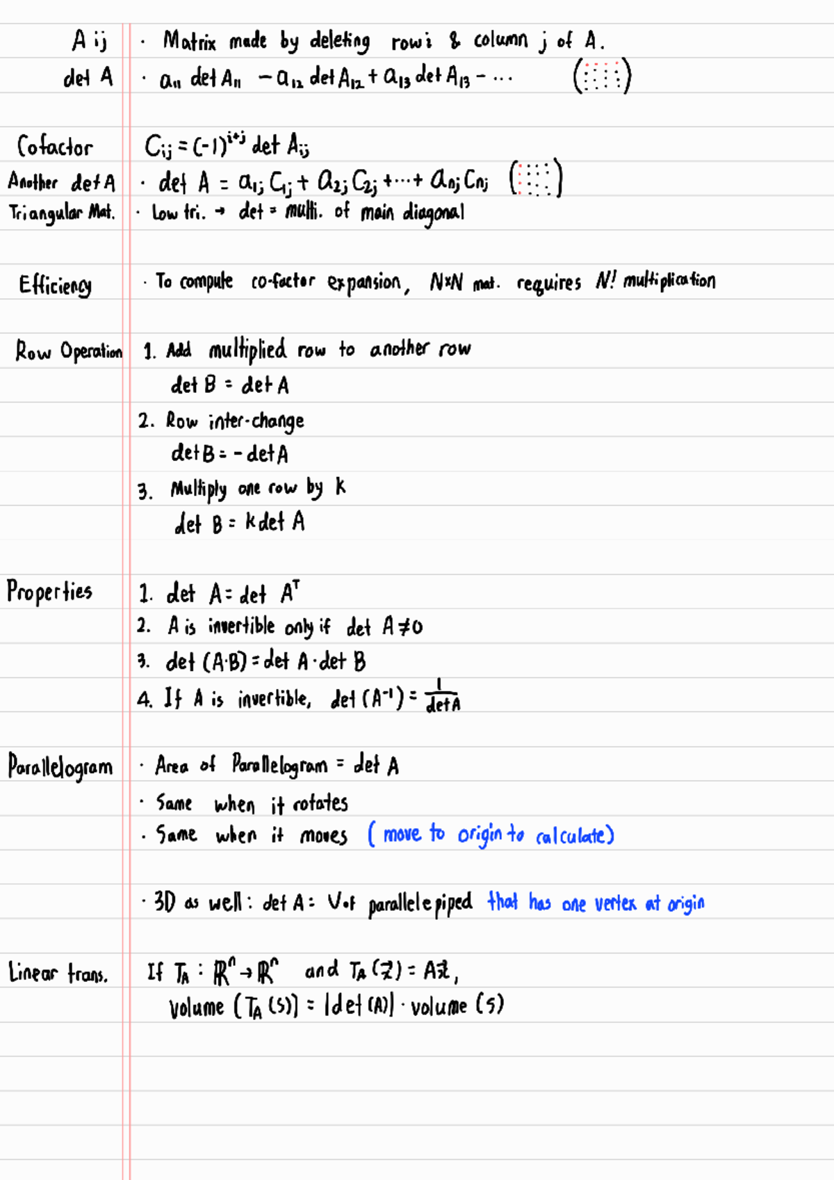 Matrix linear equation - A ij . Matrix made deleting rowi column j of A. det A all det All det ...