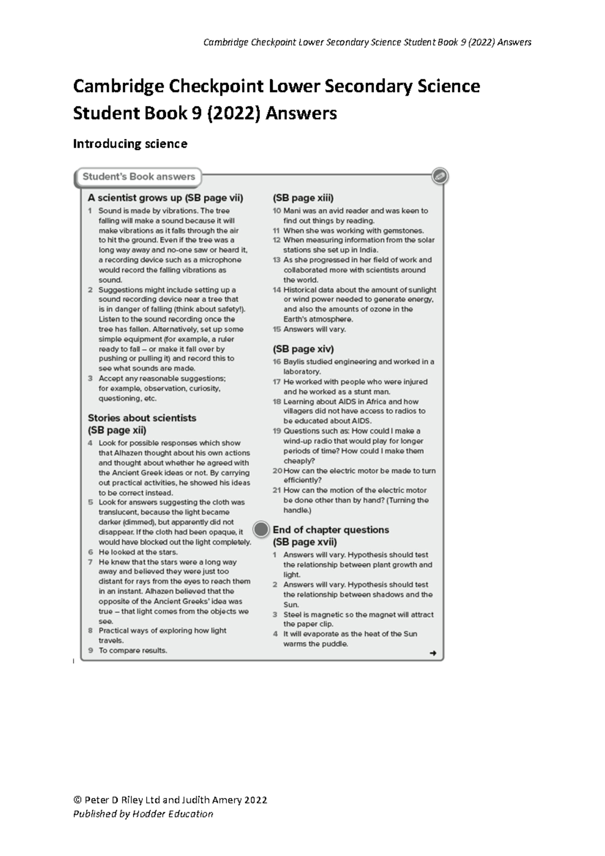 Science book answers - © Peter D Riley Ltd and Judith Amery 2022 ...
