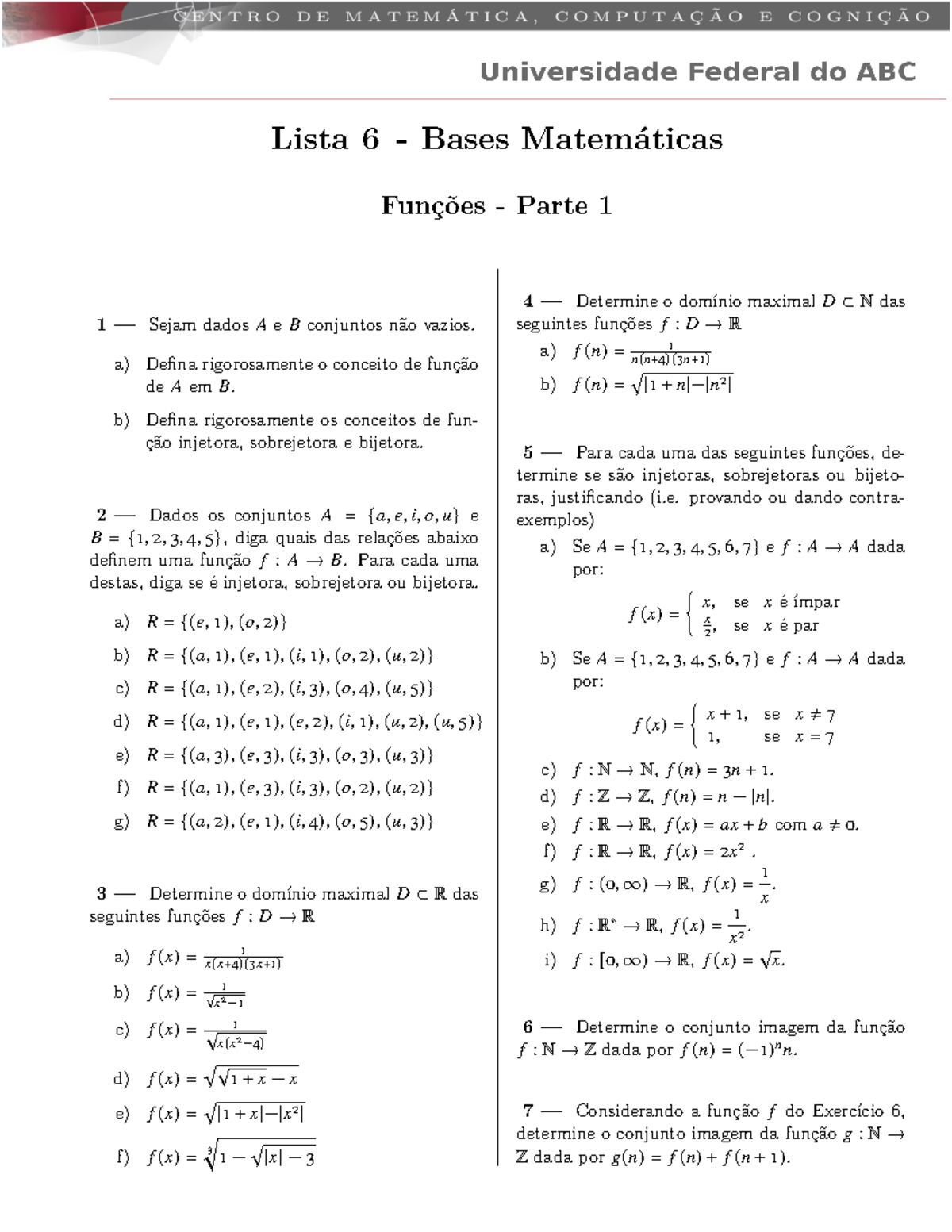 Lista 6 Funcoes I 2 Lista 6 Bases Matemáticas Funções Parte 1 1