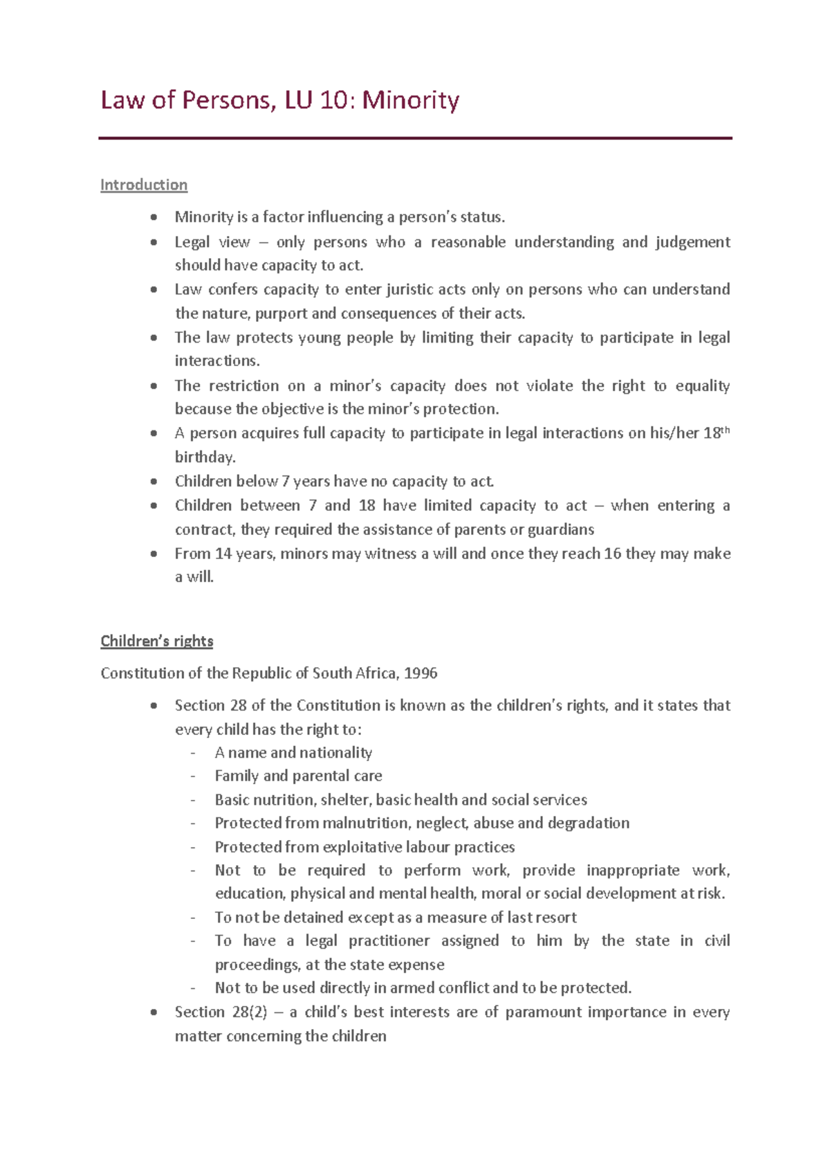 Law of Persons SU 10 Notes Minority - Law of Persons , LU 10 : Minority ...